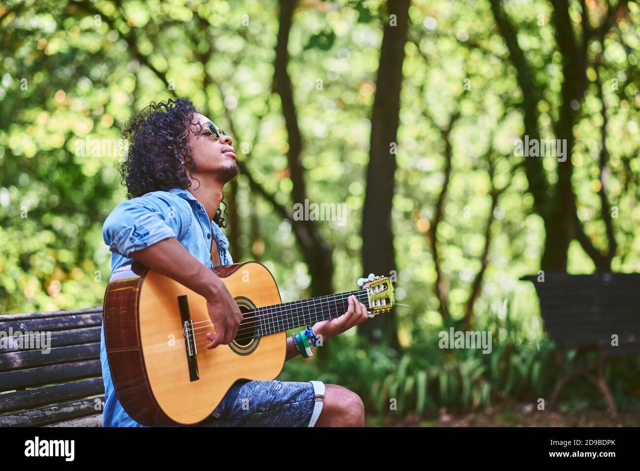 Musician playing guitar in a nice park. He is surrounded by vegetation ...