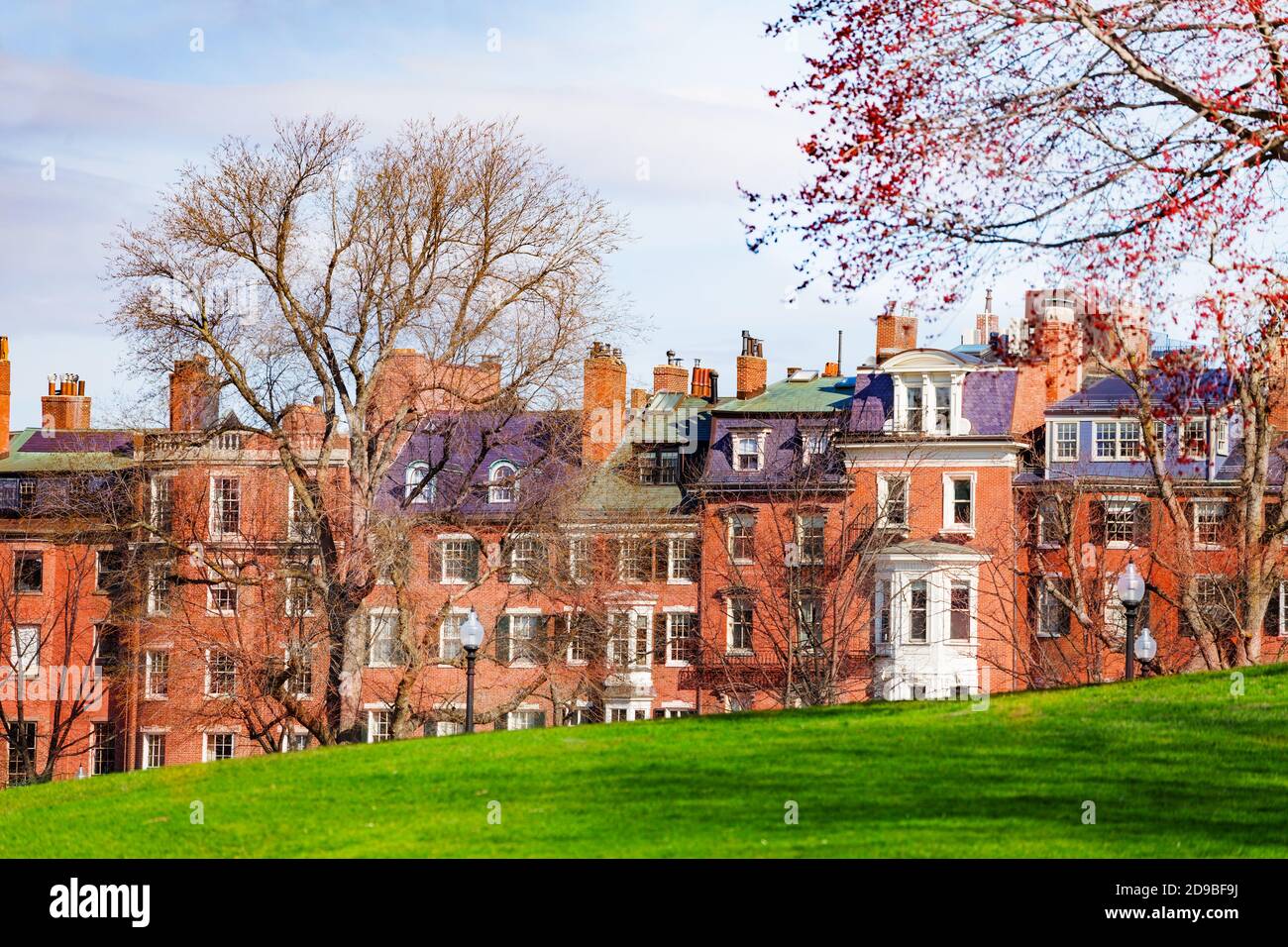 Beacon street view from Boston Common park in downtown, Massachusetts ...