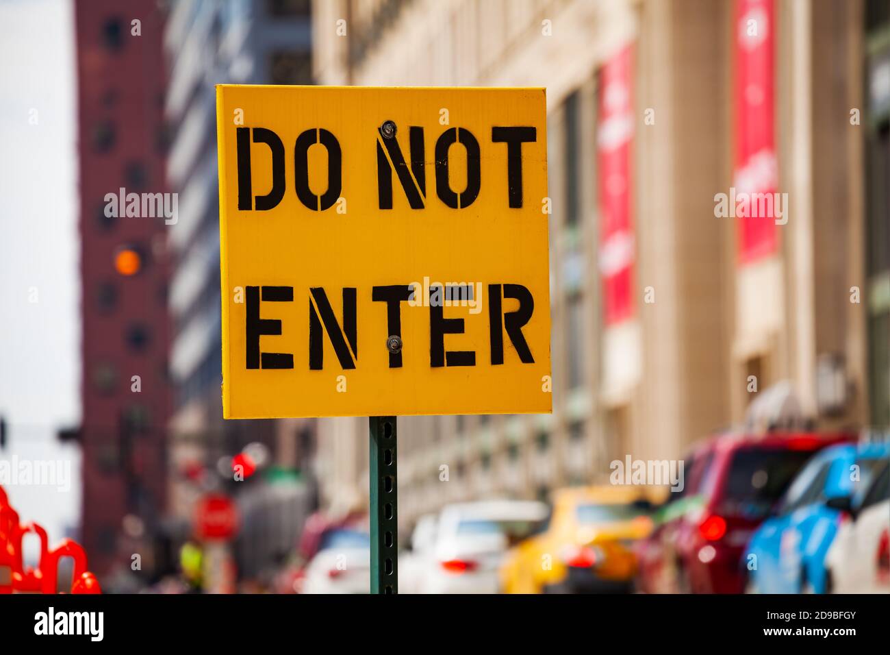 Do not enter street yellow sign in USA city during construction road ...