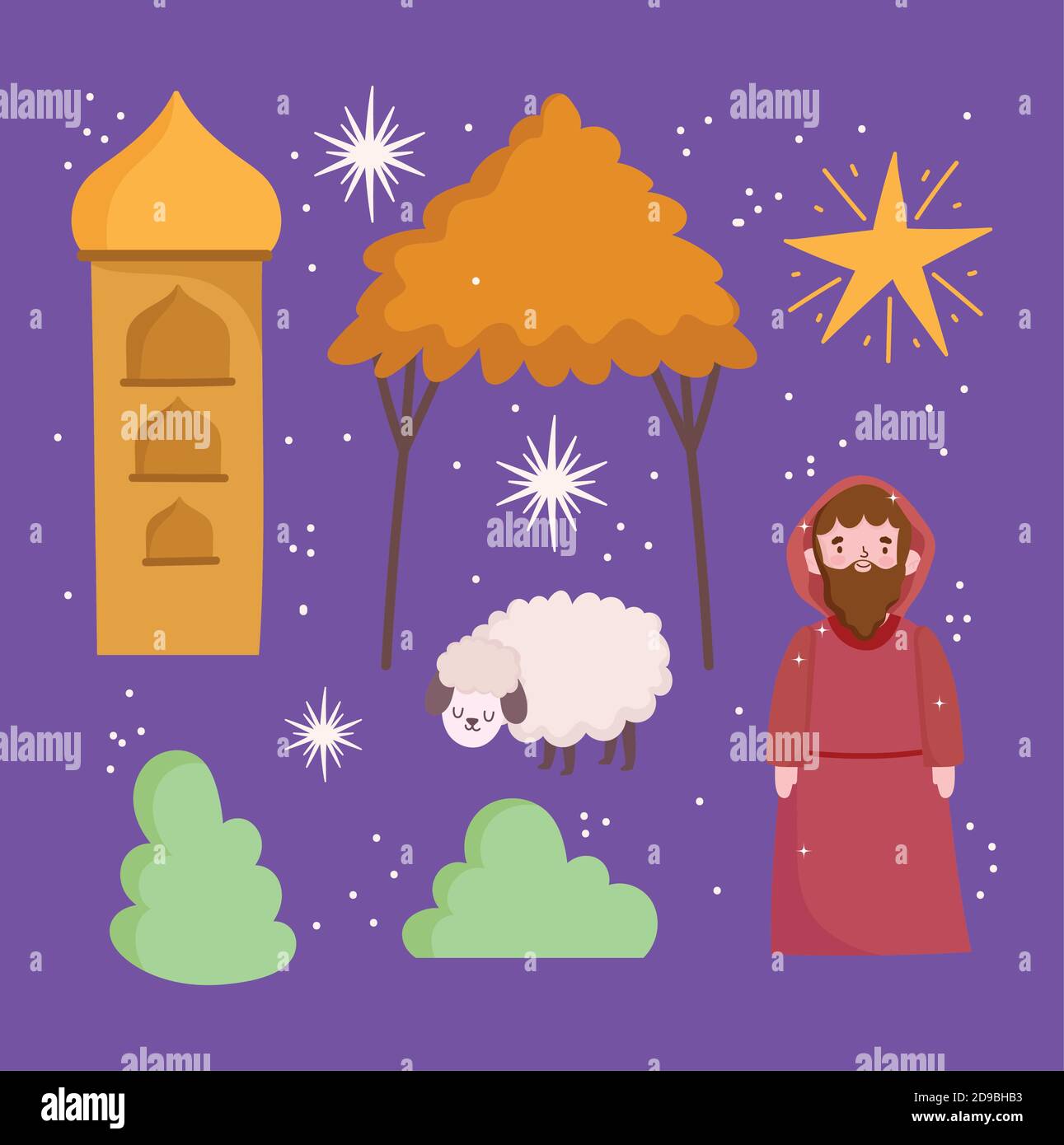 nativity, manger joseph lamb star icons cartoon vector illustration ...