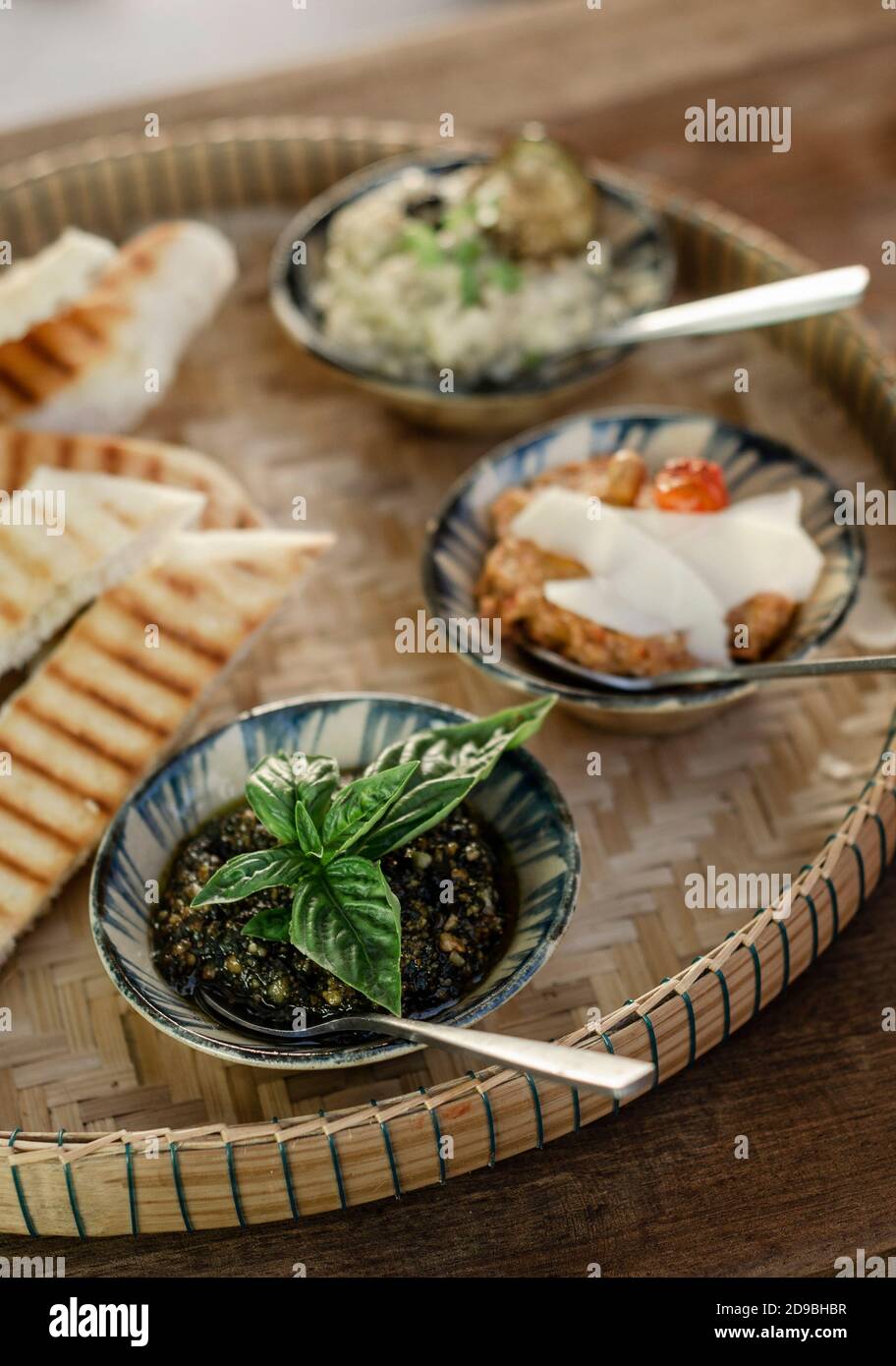 vegetarian turkish mezze snack tapas platter on rustic wood restaurant ...