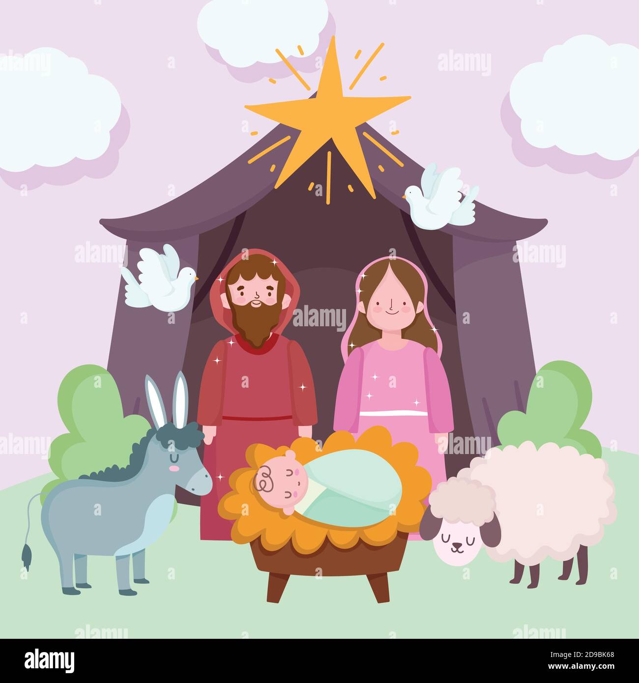nativity, manger cute holy family and animals in hut cartoon vector ...
