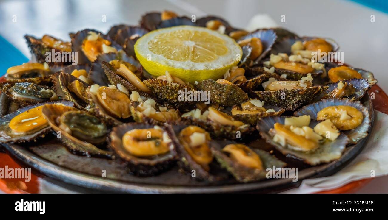 tasty seafood - grilled limpets served with lemon. Lapas grelhadas ...