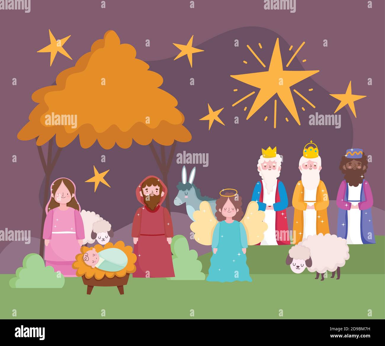 nativity, manger cute mary joseph baby jesus three kings donkey and ...