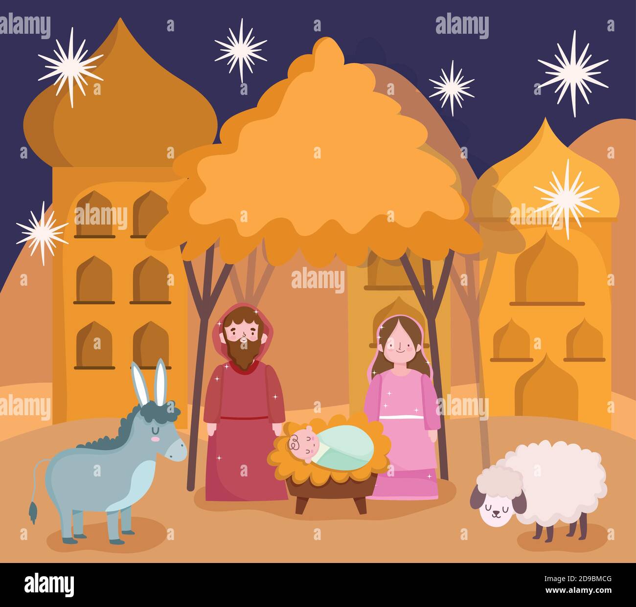 nativity, manger cute mary joseph baby jesus and animals cartoon scene ...