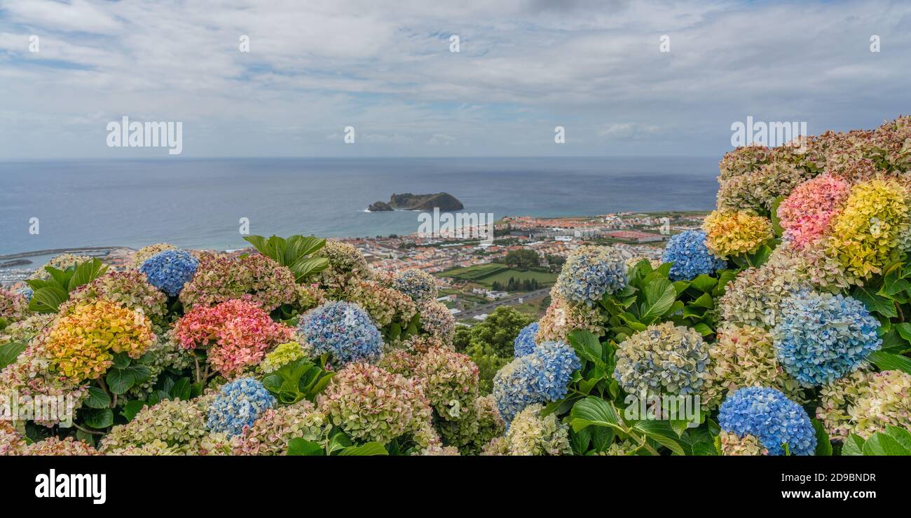 Arial view of Vila Franca do Campo town with its famous volcanic islet ...