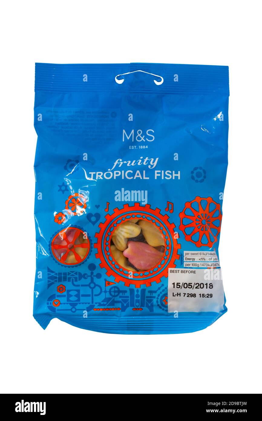 Bag of Marks & Spencer M&S fruity tropical fish sweets isolated on ...