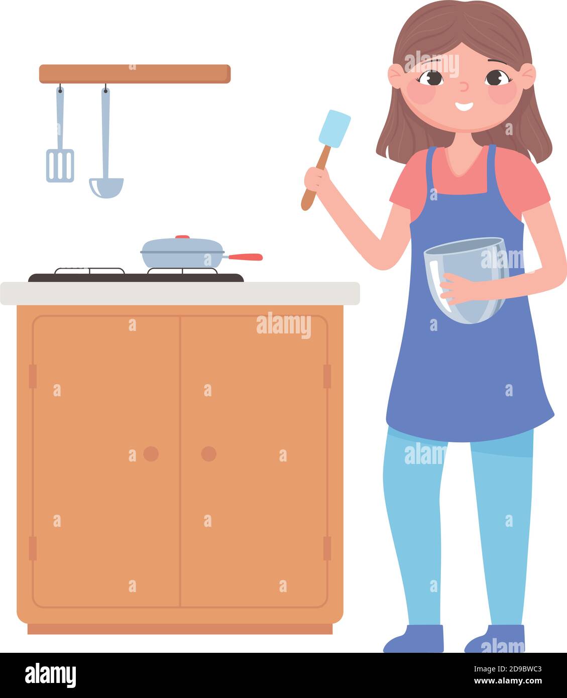daily routine scene, woman in the kitchen with saucepan on stove vector ...