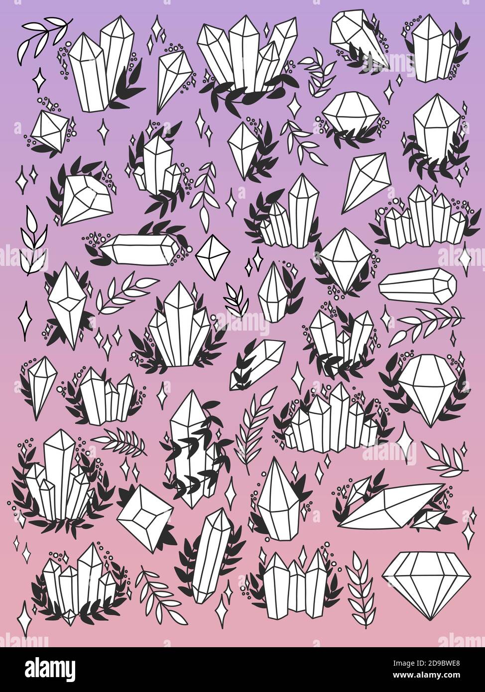 Crystals, diamonds, gems and mineral stones hand drawn outline ...