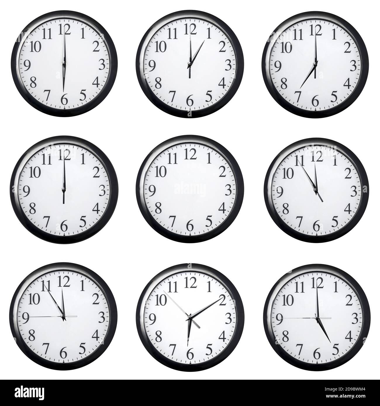 Set of black watch dials with arrows showing different times, isolated ...