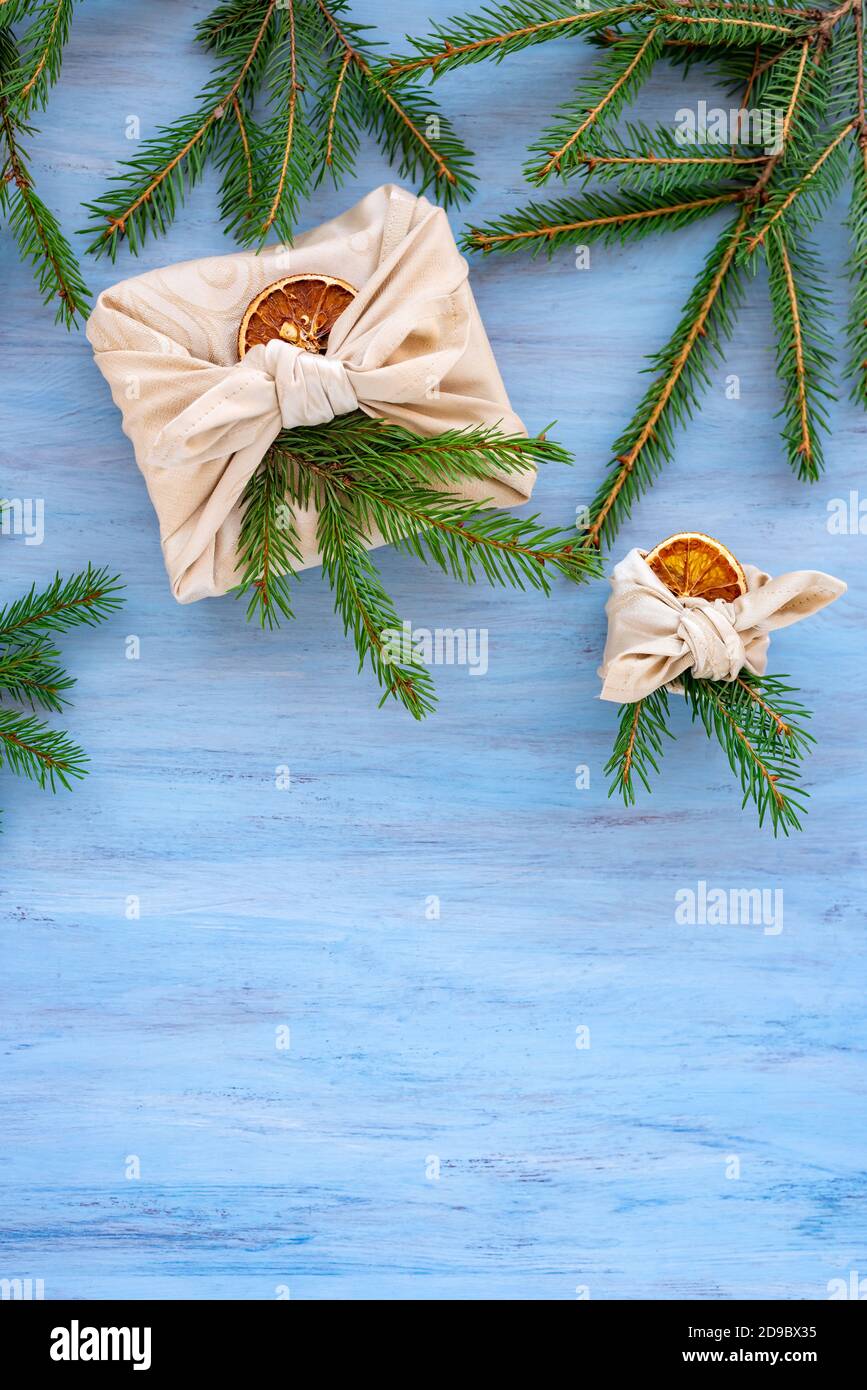 Vertical Christmas card with gifts and Christmas tree branches Stock ...