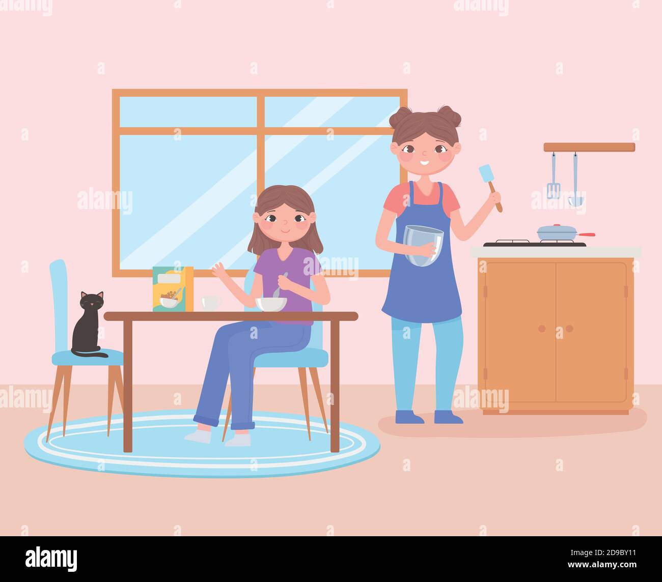 daily routine scene, woman and daughter eating healthy food of ...