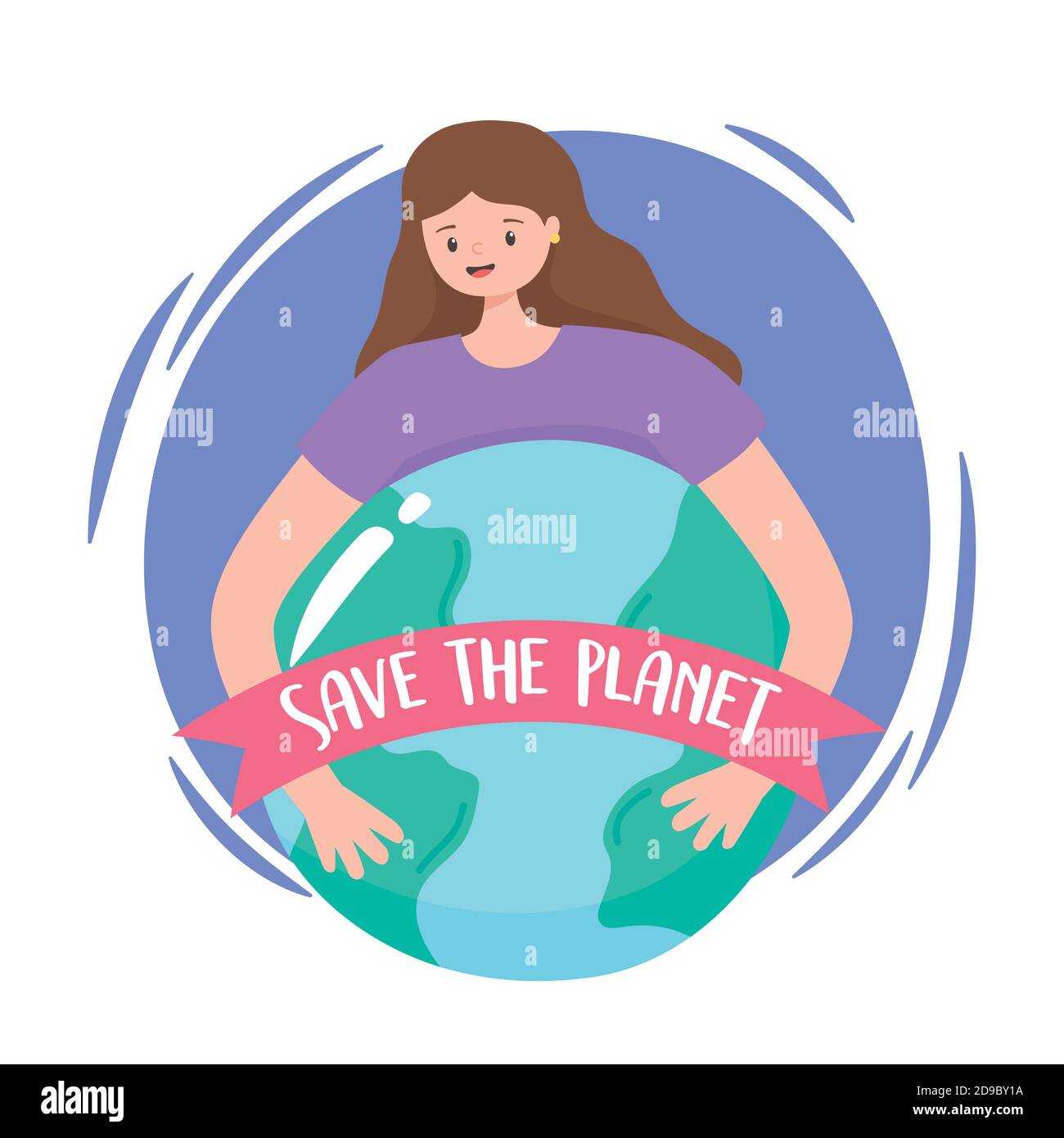 save the planet, young woman hugs earth map and ribbon emblem vector ...