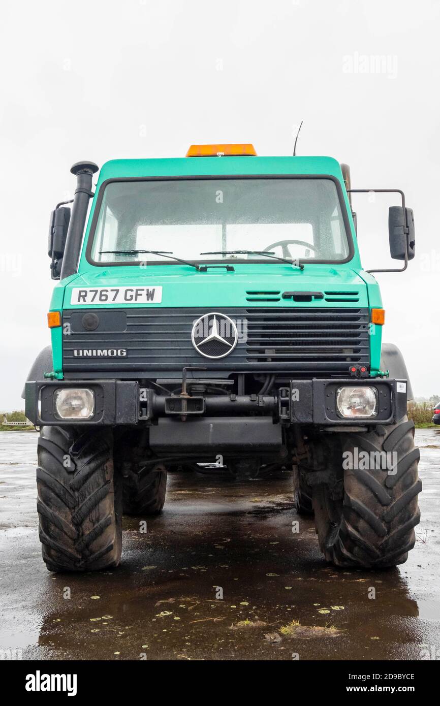 Front view of a Mercedes Unimog 4 wheel drive truck at an agricultural ...