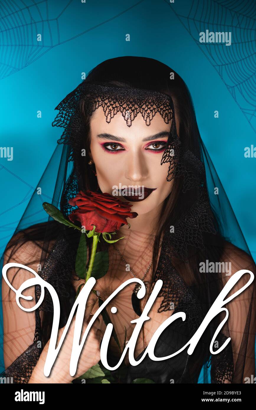 evil woman with black makeup and dark veil holding rose near witch ...