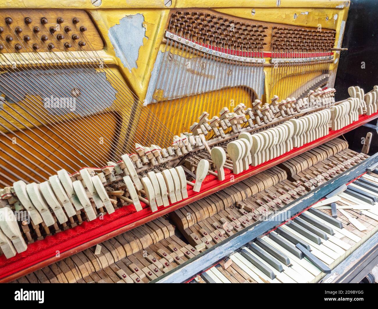 A fragment of an old broken piano with a missing wall and broken keys ...