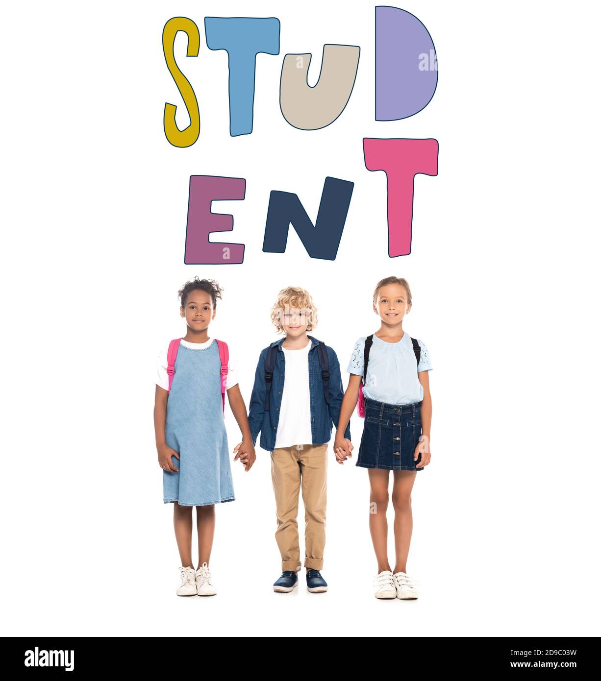 blonde schoolboy holding hands with multicultural schoolgirls near ...