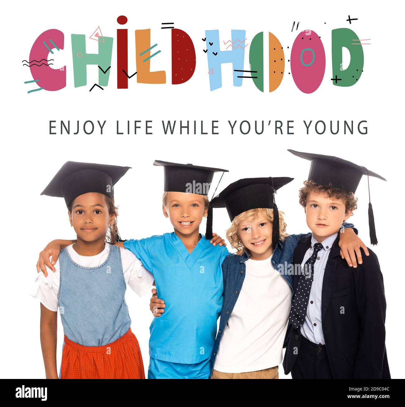 multicultural kids in graduation caps dressed in costumes of different ...