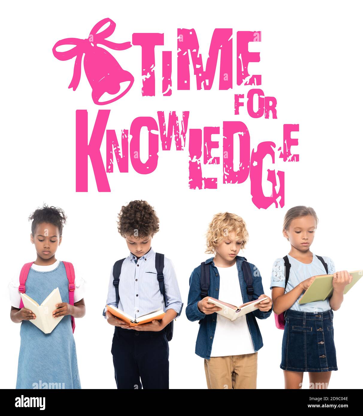 multicultural schoolkids with backpacks reading books near time for ...