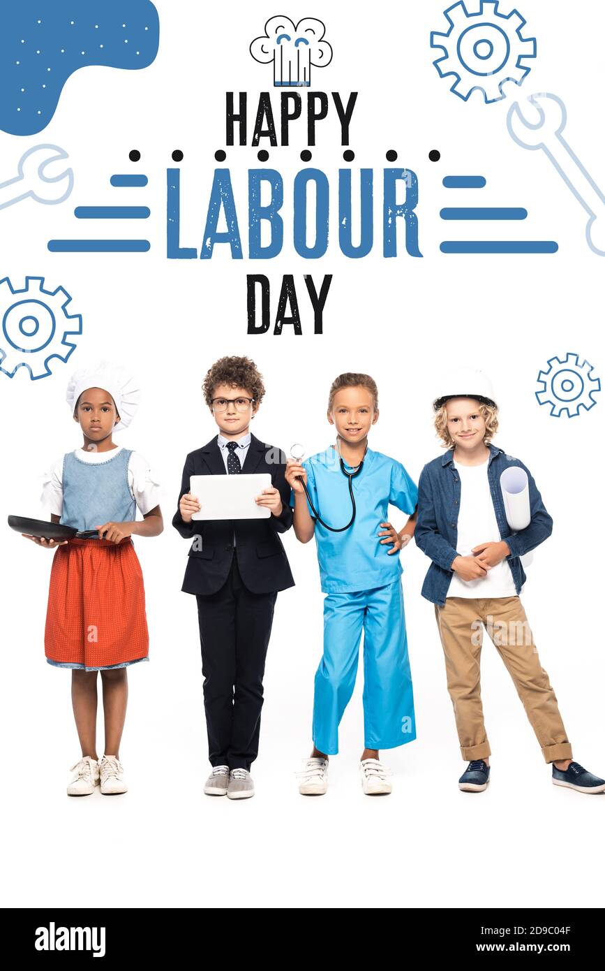 multicultural children in costumes of different professions near happy ...