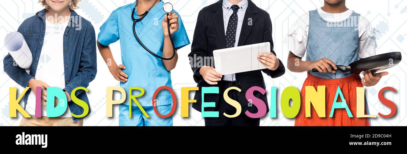 multicultural kids in costumes of different professions near kids ...