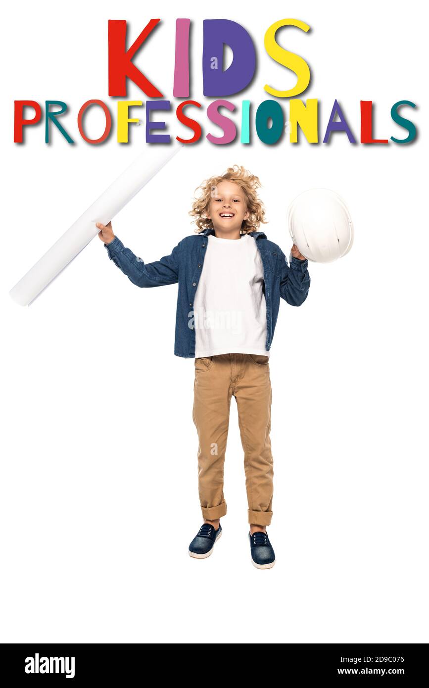 curly boy in costume of architect holding safety helmet and blueprint ...