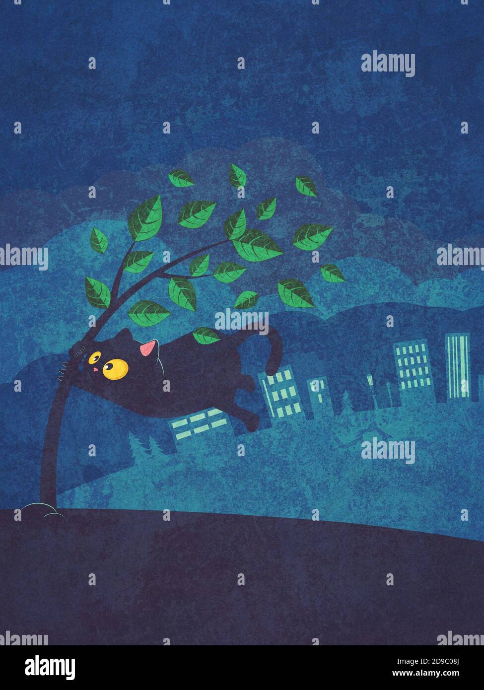 Cartoon tree and black cat in the storm and distant city, windy weather ...