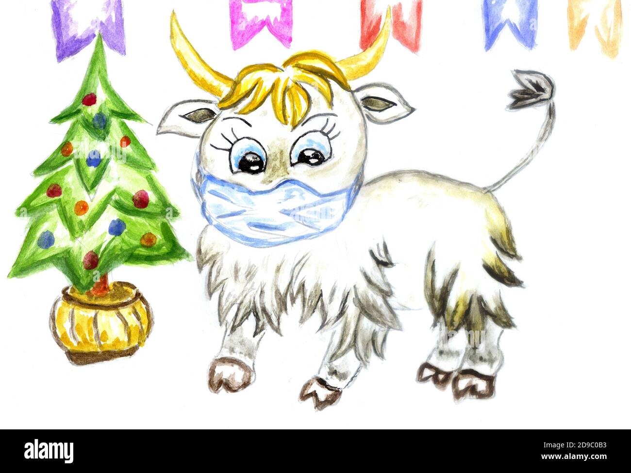 Cartoon bull wears protective face mask, hand drawn illustration Stock ...