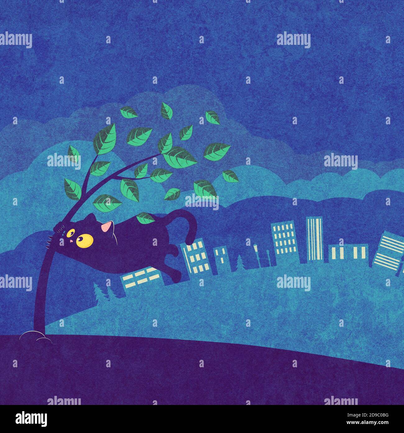 Cartoon tree and black cat in the storm and distant city, windy weather ...