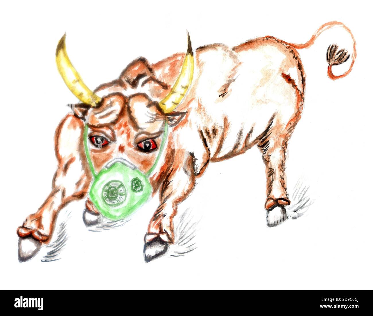 Cartoon bull wears protective face mask, hand drawn illustration Stock ...