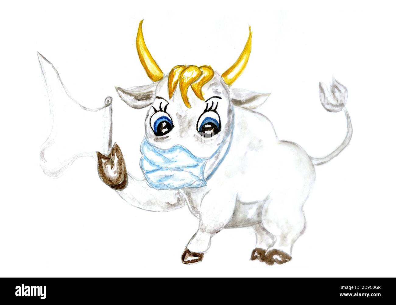 Cartoon bull wears protective face mask, hand drawn illustration Stock ...
