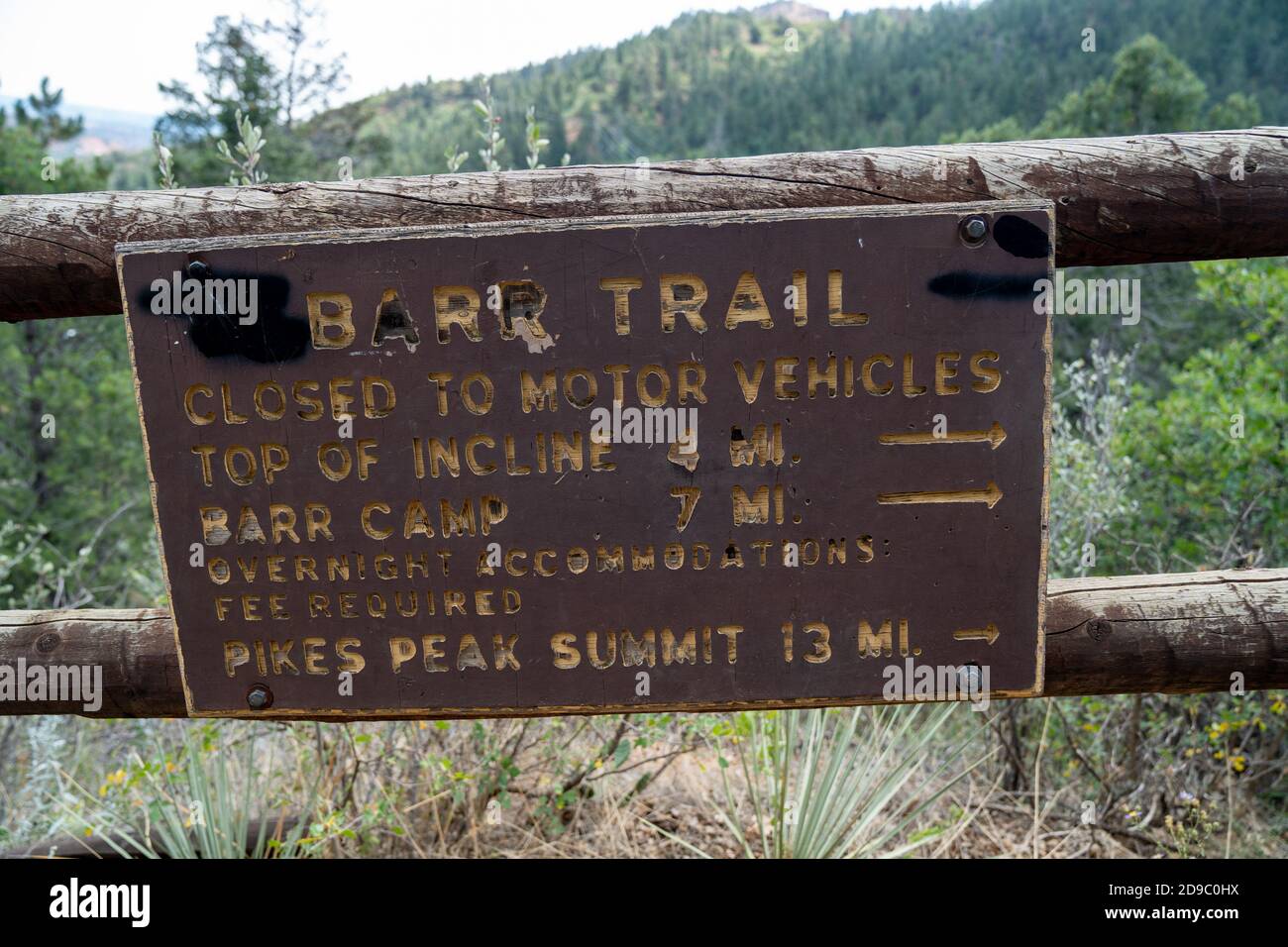Information sign on the Barr Trail in Colorado, leading to the summit ...