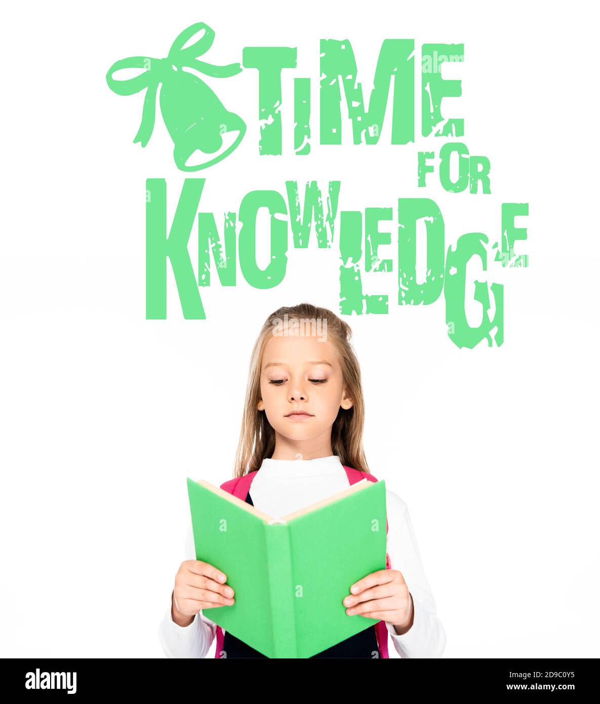 attentive schoolgirl reading book isolated on white, time for knowledge ...