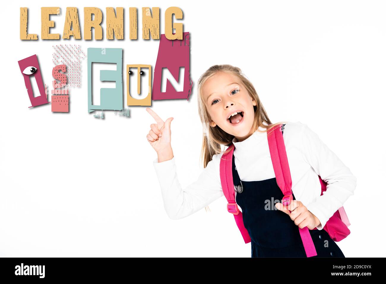 schoolgirl pointing with finger at learning is fun illustration ...