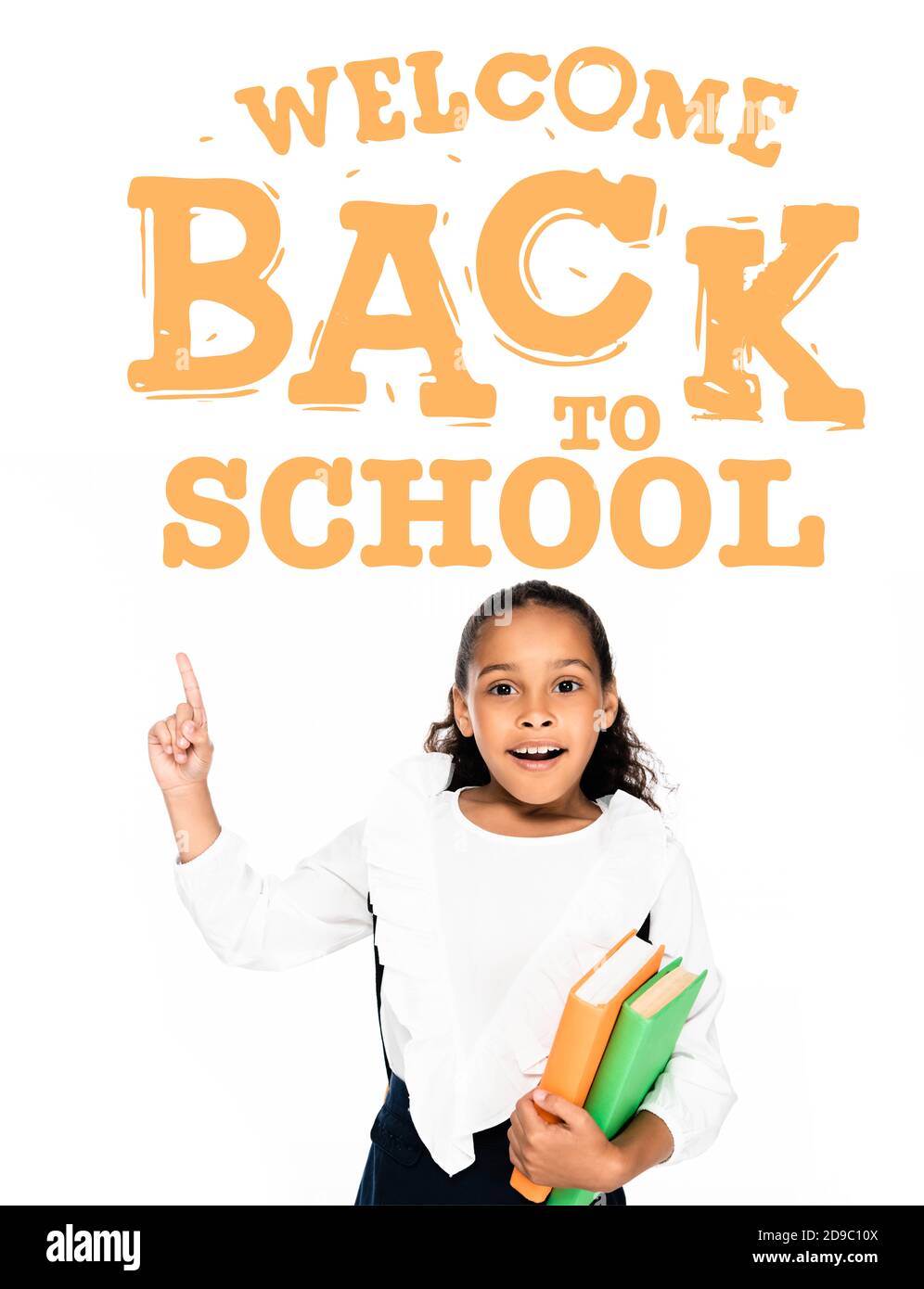 african american schoolgirl pointing with finger at welcome back to ...