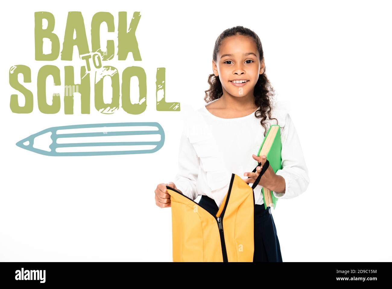 african american schoolgirl holding backpack and book isolated on white ...