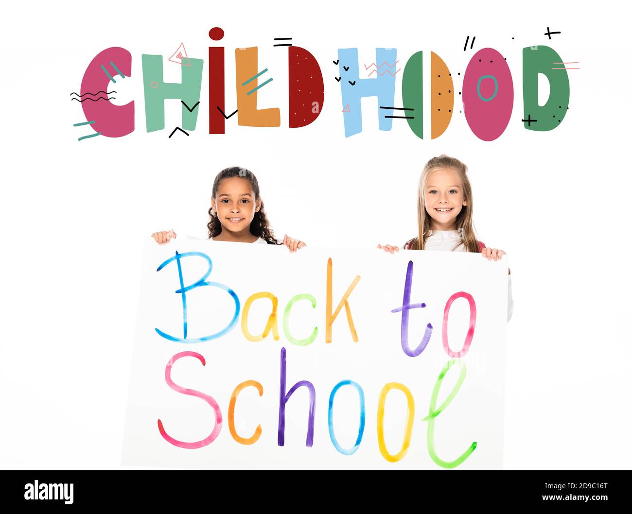 multicultural schoolgirls holding placard with back to school ...