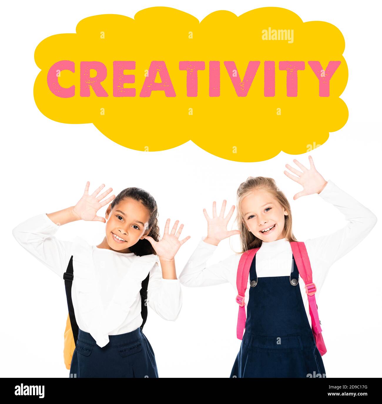 multicultural schoolgirls showing chalk stained hands isolated on white ...