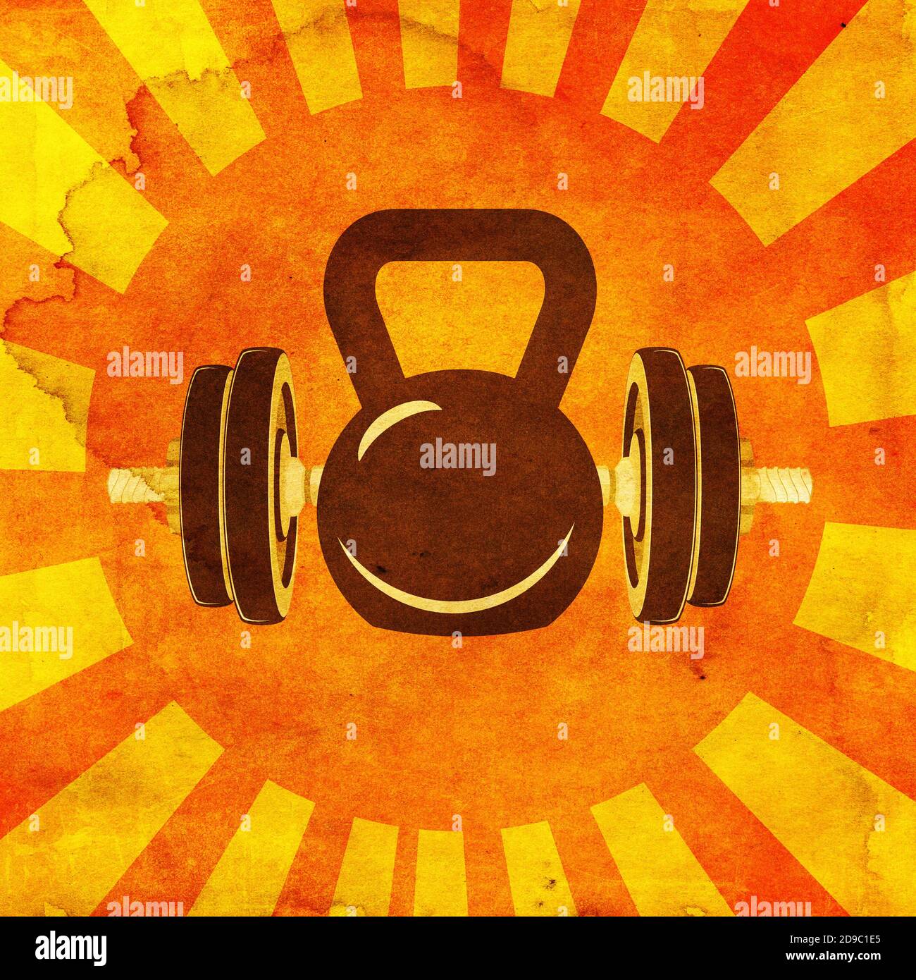 Abstract fitness themed retro design, dumbbells and kettlebell paper ...