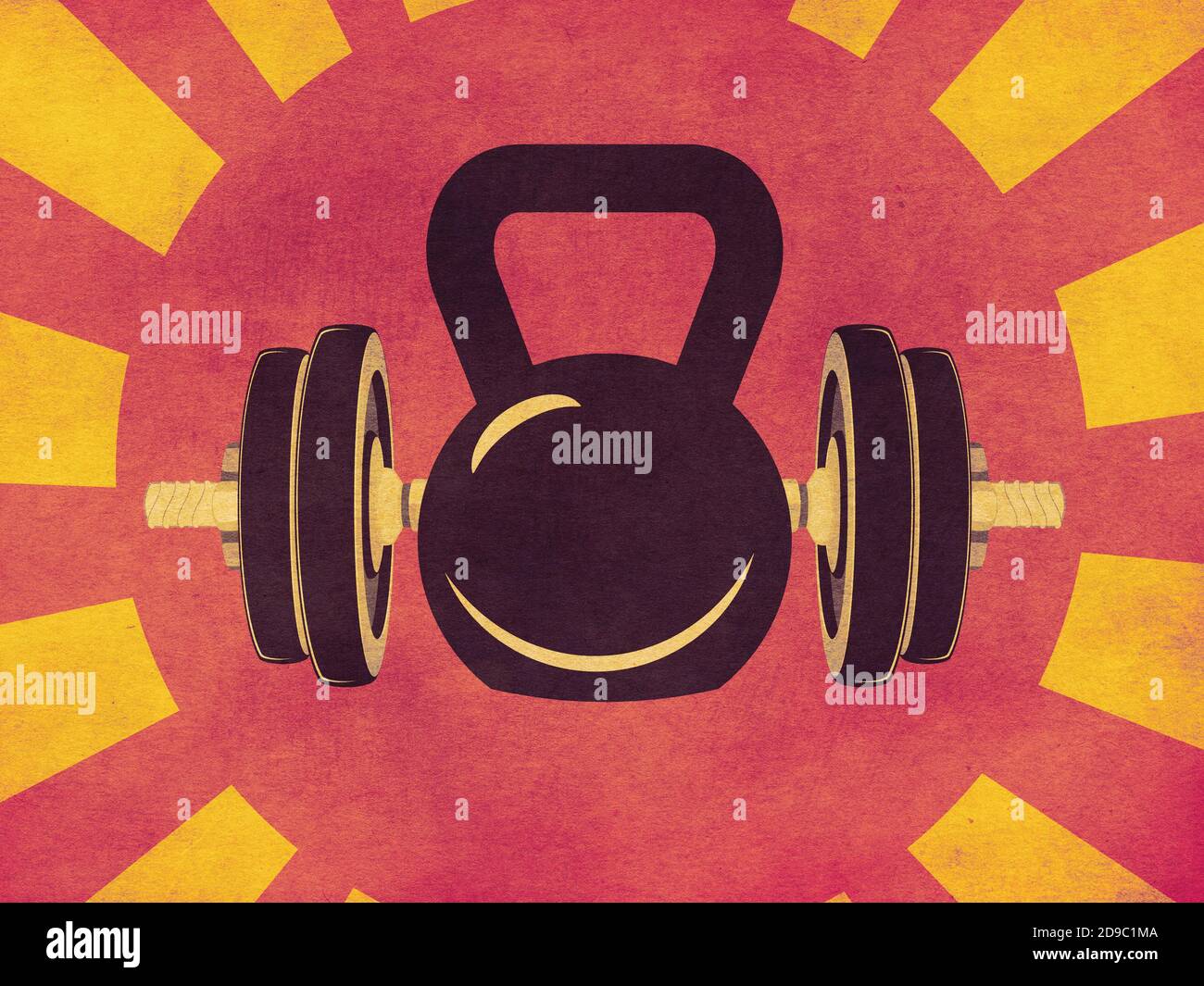 Abstract fitness themed retro design, dumbbells and kettlebell paper ...