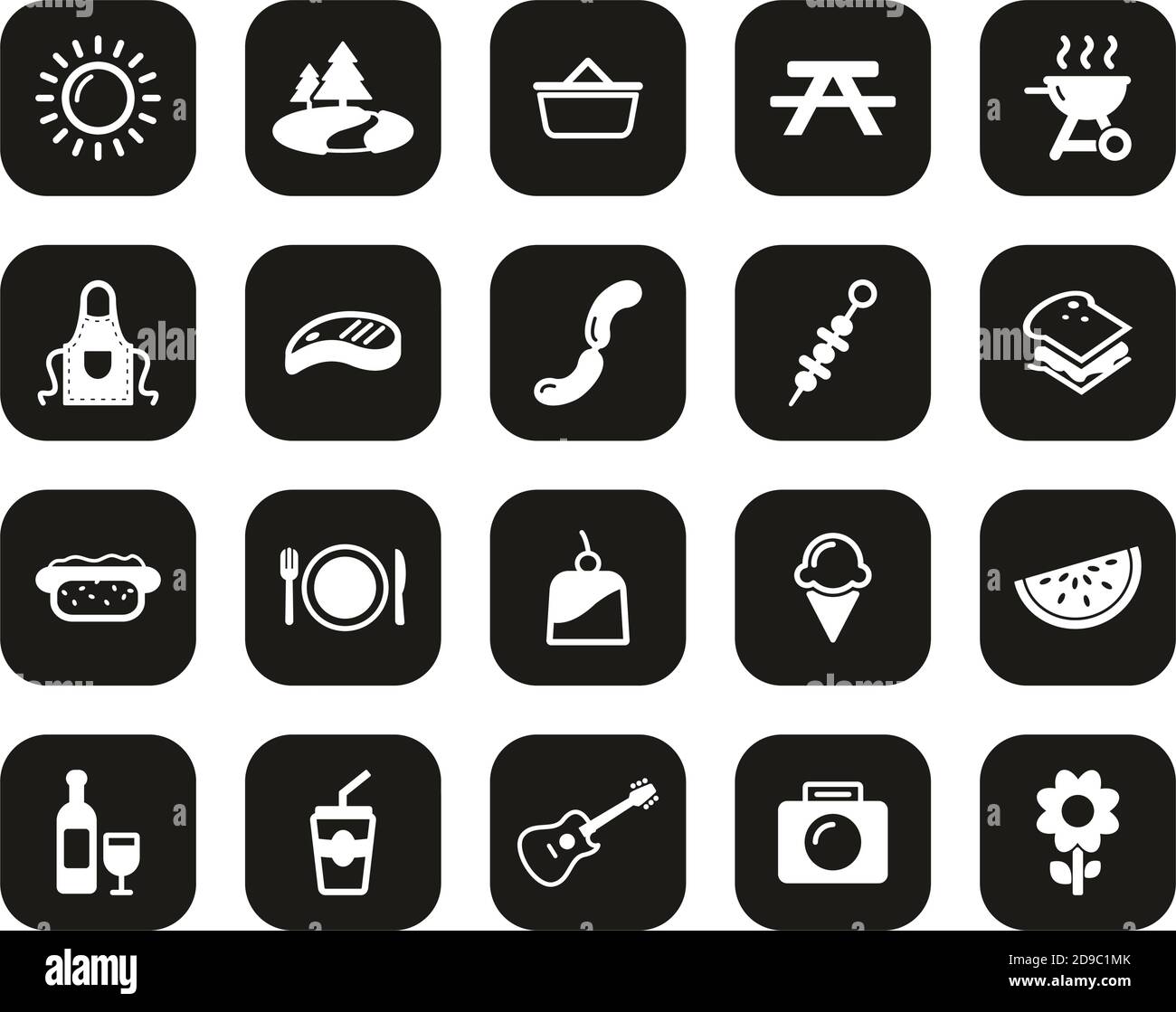Picnic Or Barbecue Icons White On Black Flat Design Set Big Stock ...