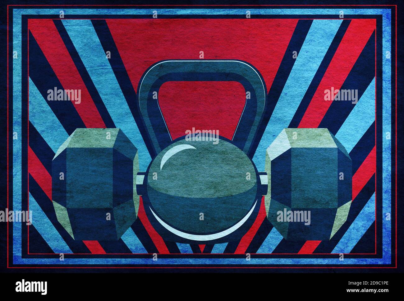 Abstract fitness themed retro design, dumbbells and kettlebell paper ...