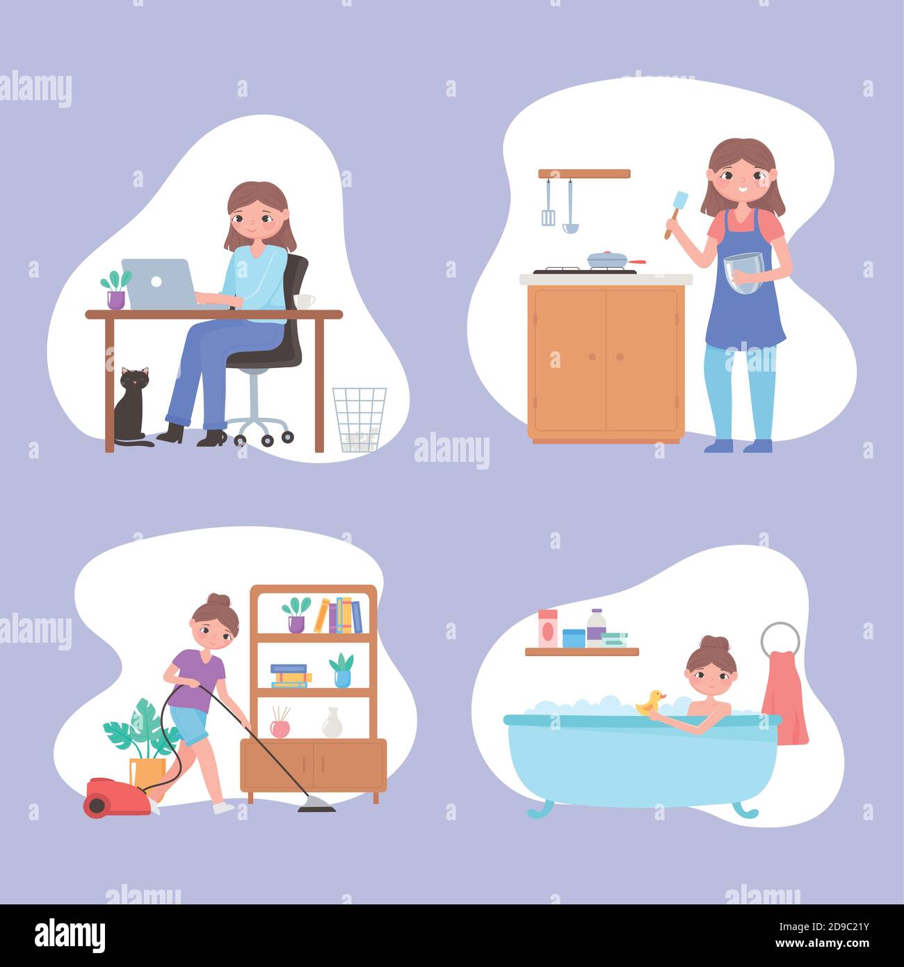 daily routine scene, people cooking, take bath, working, cleaning home ...