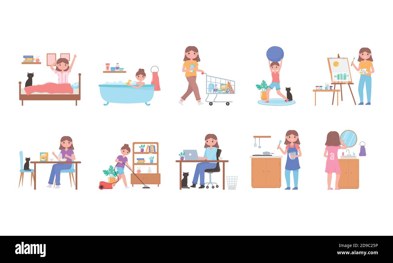 daily routine, everyday activities scene set, exercising, shopping ...