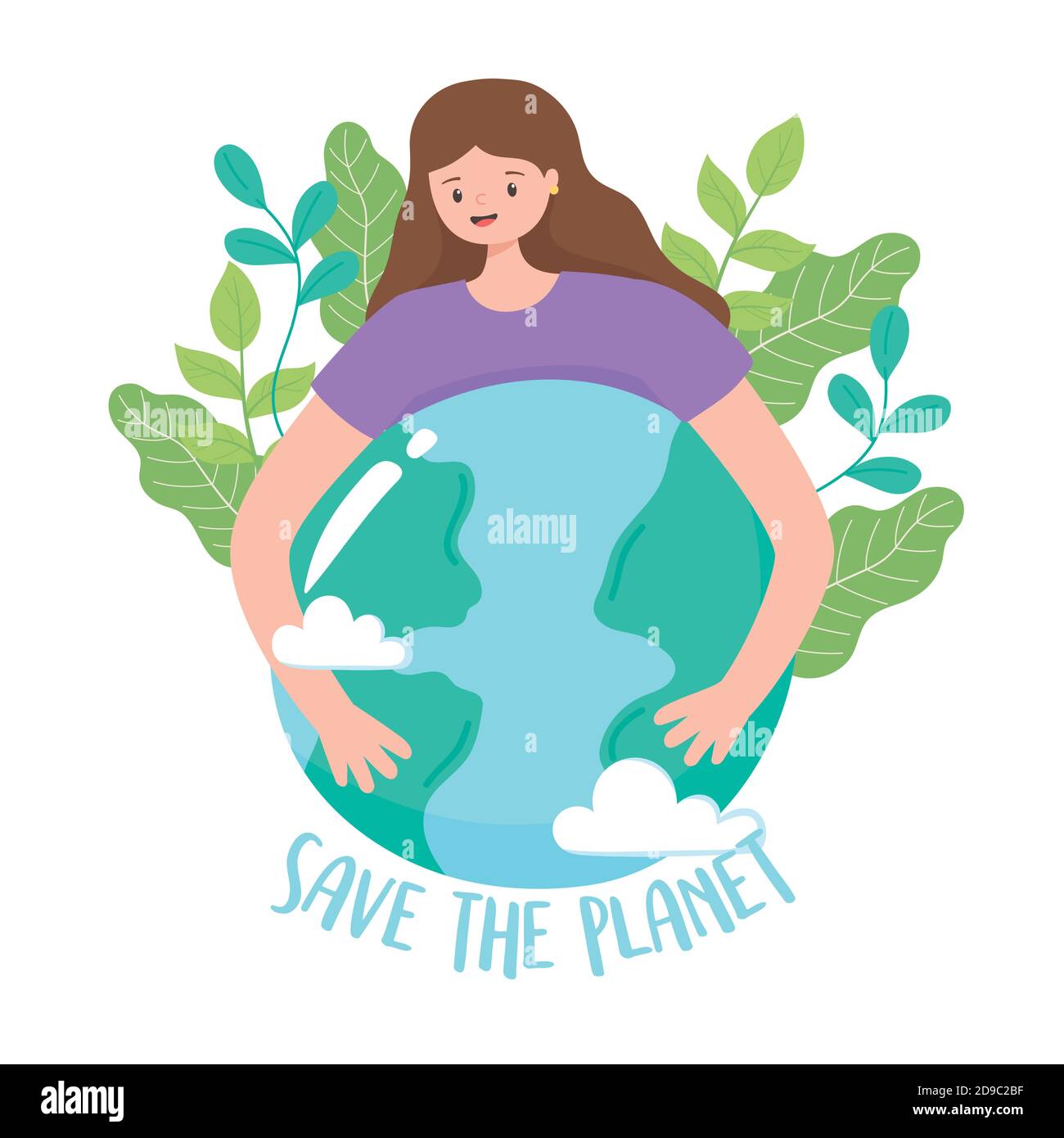 save the planet, girl hugging earth map with leaves cartoon vector ...