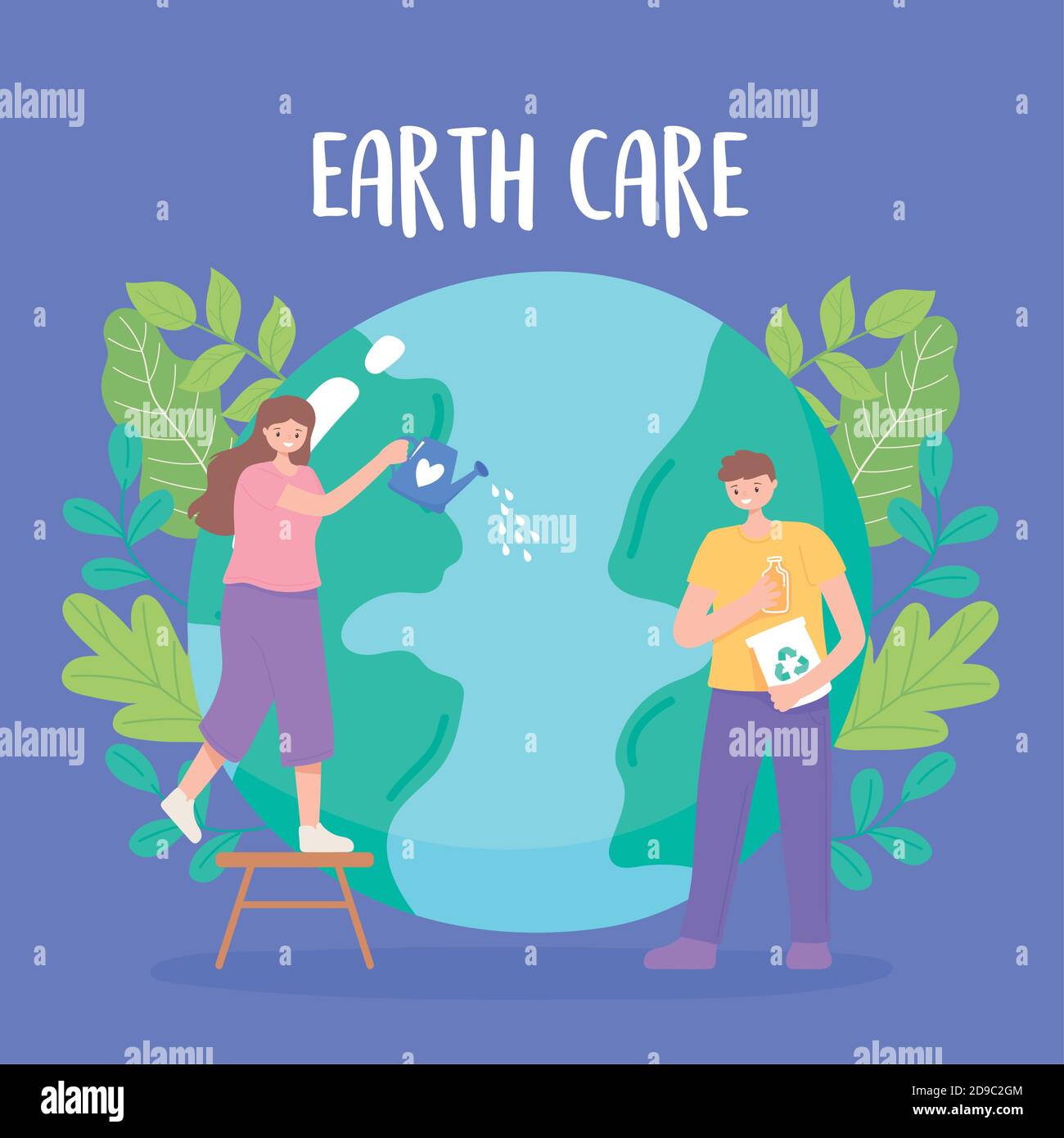 save the planet, earth map girl with watering can and boy with recycle ...