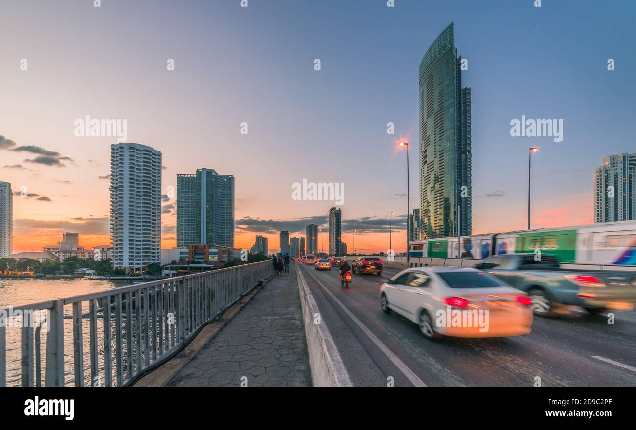 Traffic on Taksin Bridge Crossing the Chao Phraya River in Bangkok ...