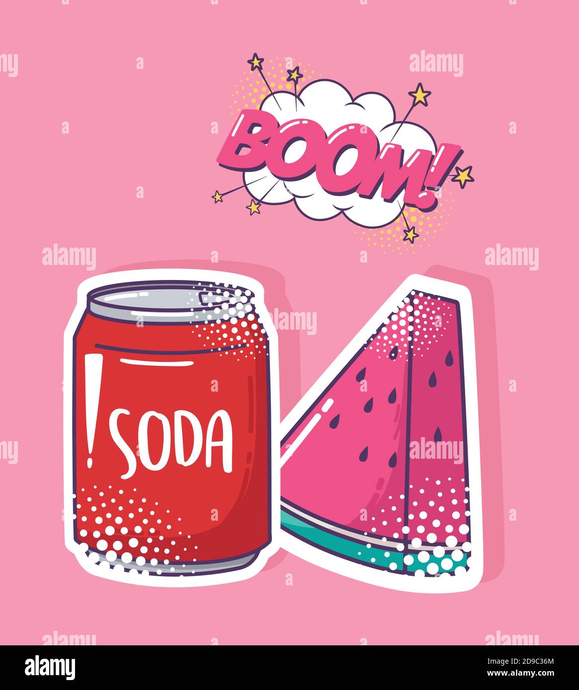 pop art element sticker icon set, soda, watermelon and boom cloud ...
