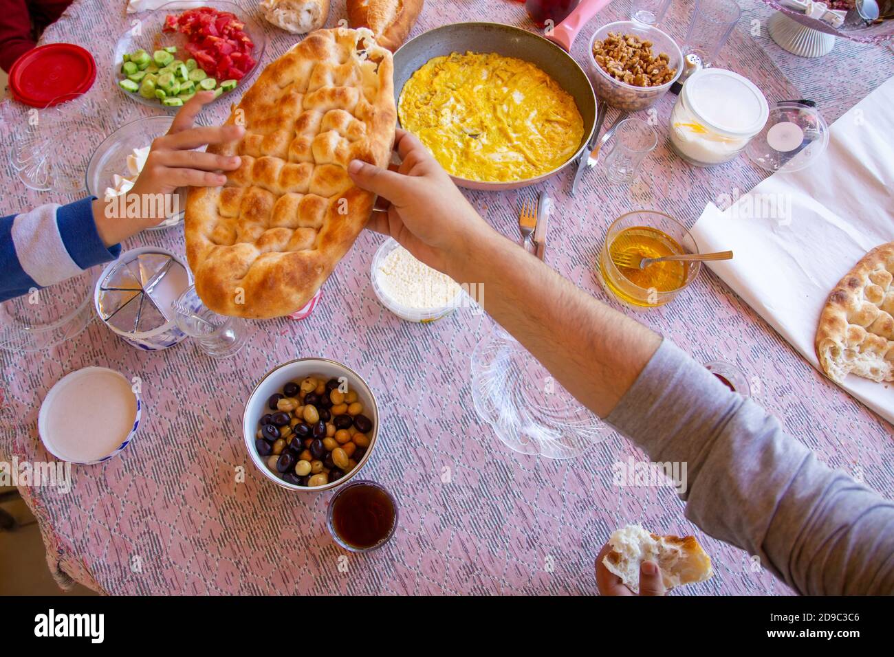 Delicious Turkish Traditional Breakfast serving on table ingredients ...