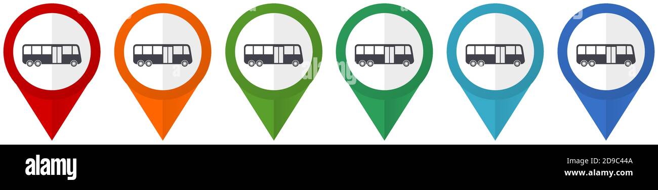 Bus vector pointers, set of colorful flat design icons isolated on ...